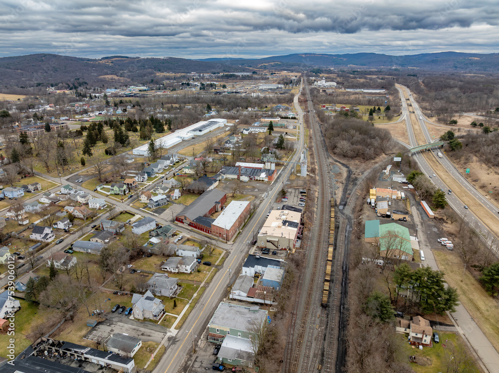 Waverly, NY, USA - 03-03-2024 - Cloudy winter aerial image of the ...