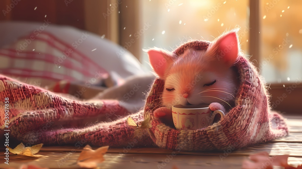 Nestled in a cozy blanket, the cute character sips from a tiny cup of ...