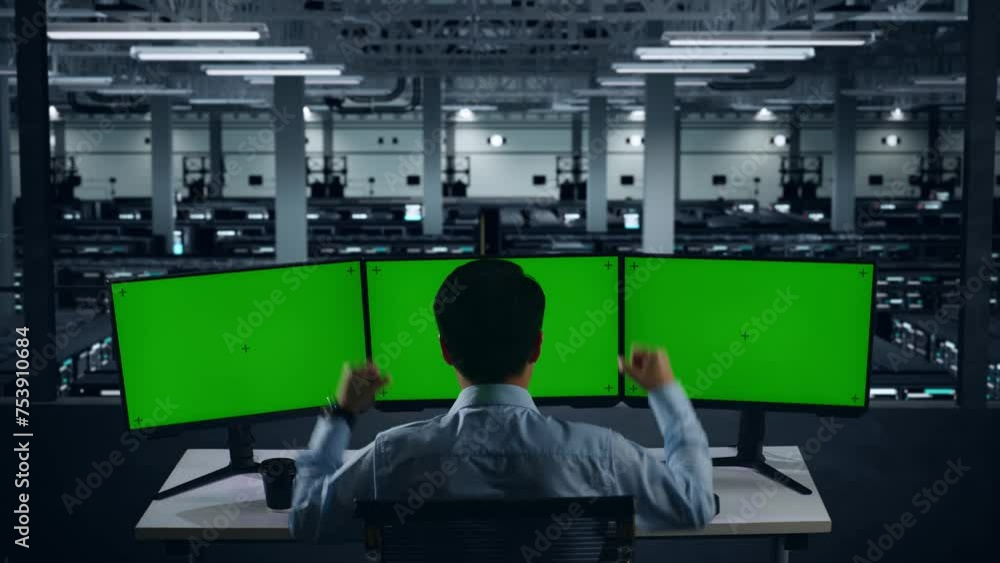 Back View Of Happy Asian Man Celebrating While Working With Mock Up ...