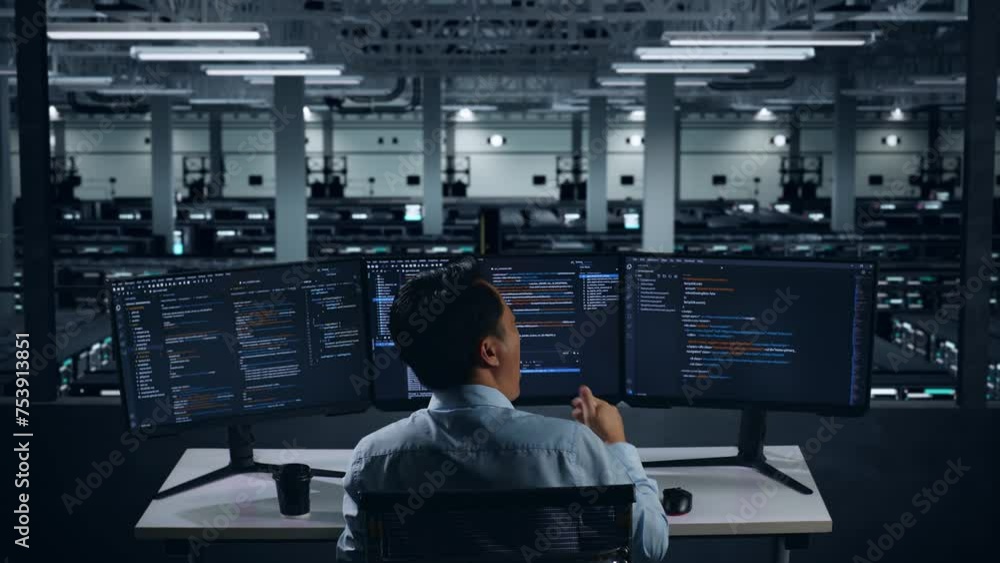 Back View Of Tired Asian Man Developer Yawning While Write Code With Multiple Computer Screens ...