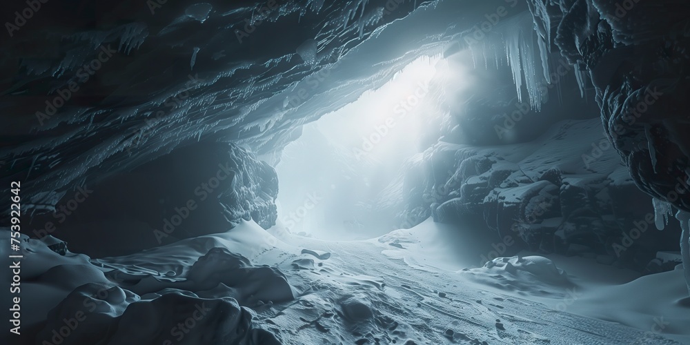 Landscape of a large snow cave in Antarctica under fog and low ...