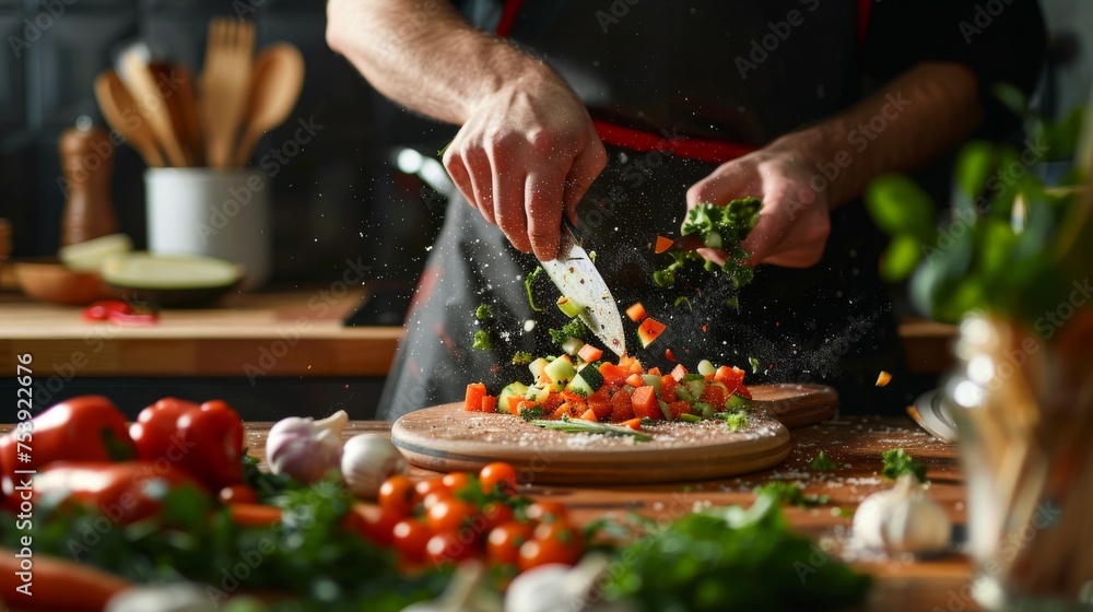 Chef's finishing touch to a vibrant vegetable salad. Fresh vegetable ...
