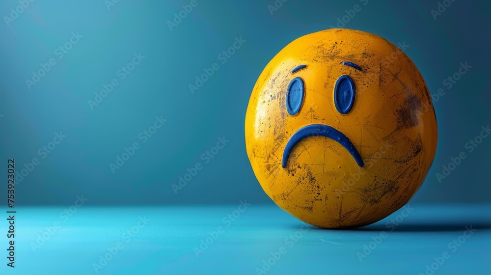 Yellow emoticon ball with a sad facial expression, with downturned blue ...