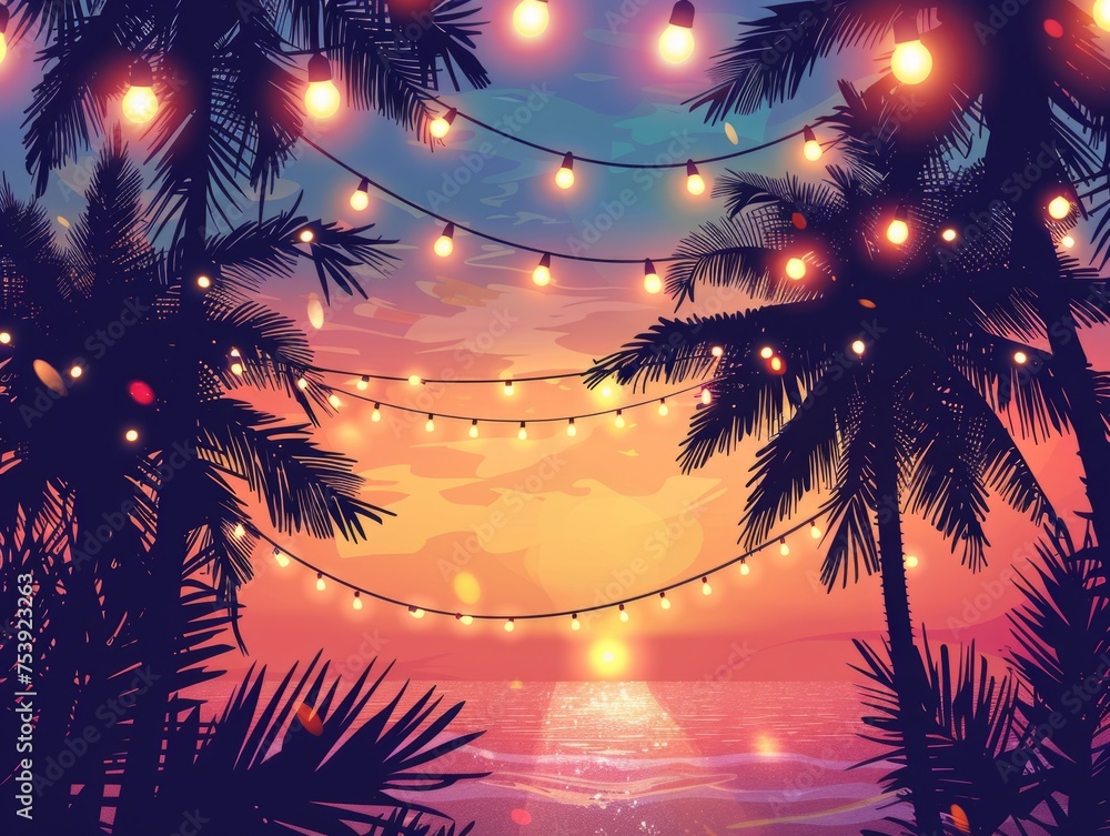 Tropical summer party background with hanging string lights and palm ...