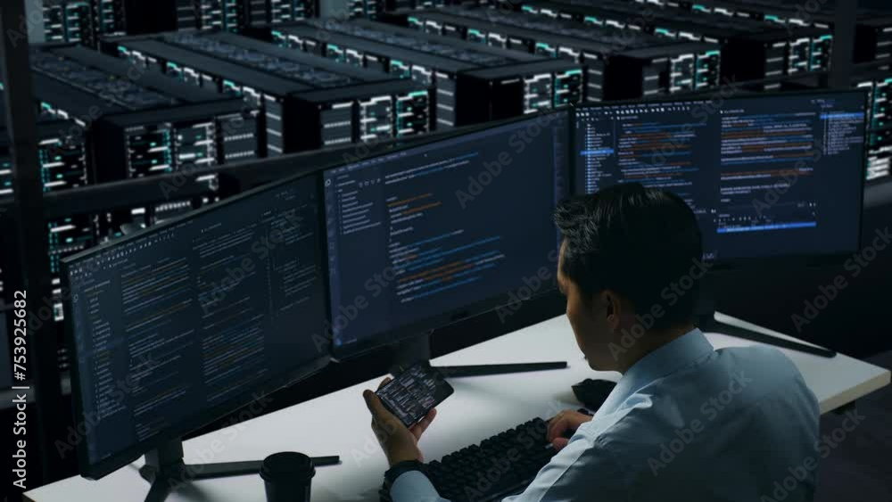 Vidéo Stock Side View Of Happy Asian Man Developer Looking At Code On ...