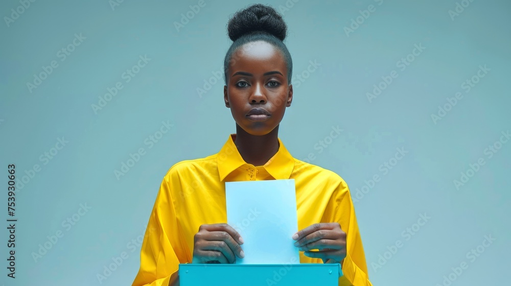 African American lady places her vote into a ballot box. Female voter ...