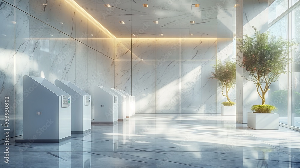 Modern voting booths in a sleek marble lobby with natural light. Empty ...
