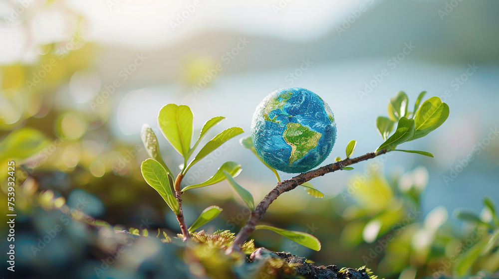 World environment day minimalist tree branch with earth and plant ...