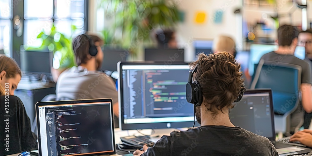 A software developer and database administrator sits at a computer with ...