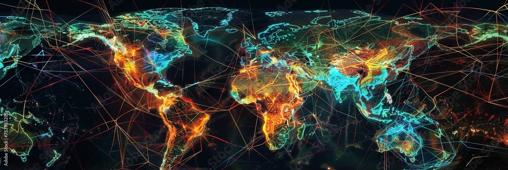 World map with glowing connectivity lines for ethernet cables and fibre ...