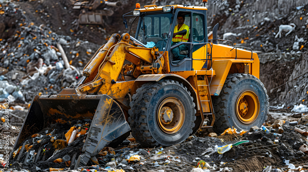 A yellow bulldozer with large tires and wheels is clearing a pile of ...