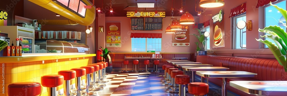 Fast food restaurant interior concept in modern animation style Stock ...