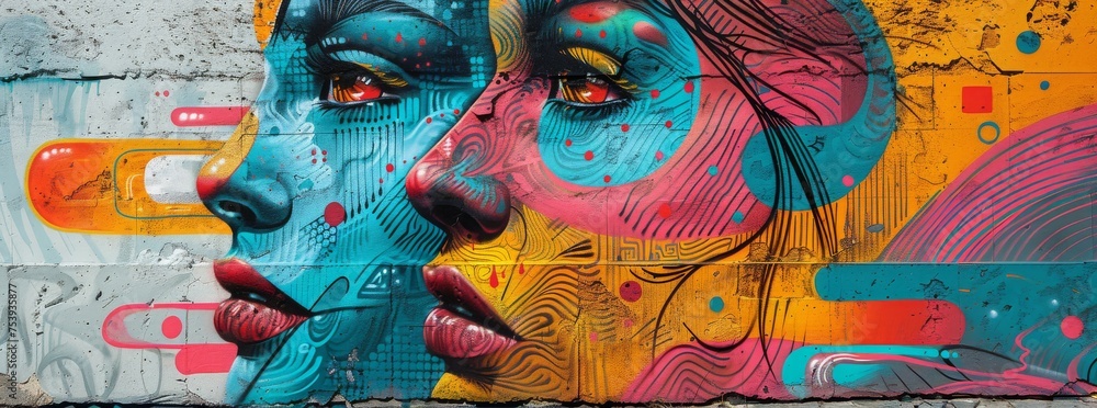 Colorful urban street art mural depicting a stylized female face with ...