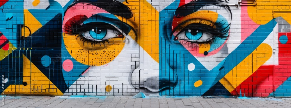 Dynamic urban mural depicting a detailed pair of female eyes amid a ...