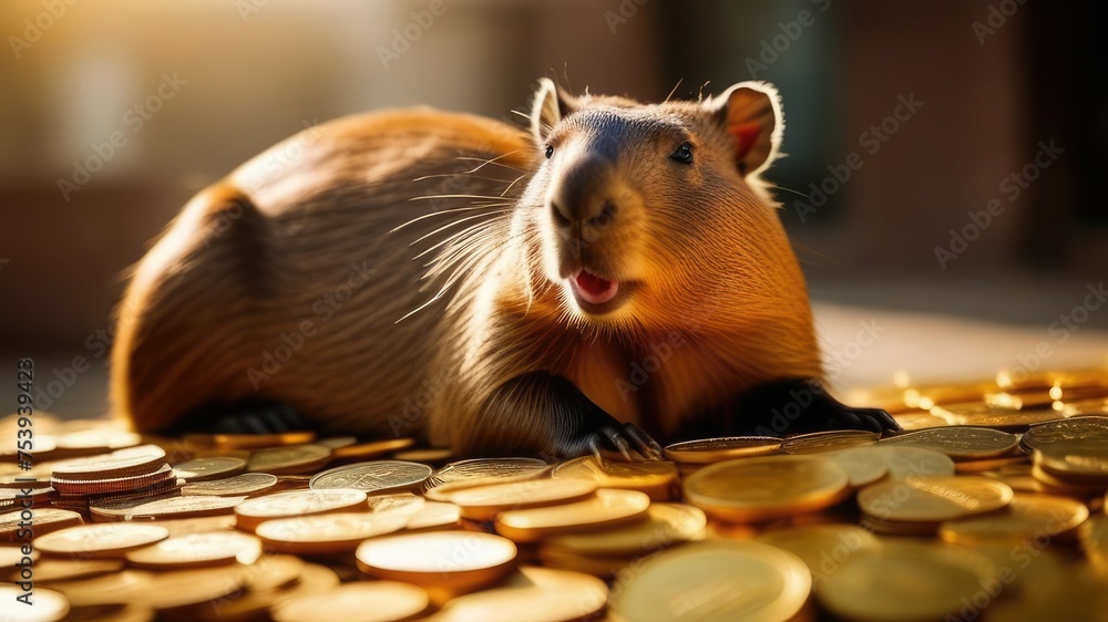 Capybara, the largest rodent, on a shiny golden background surrounded ...