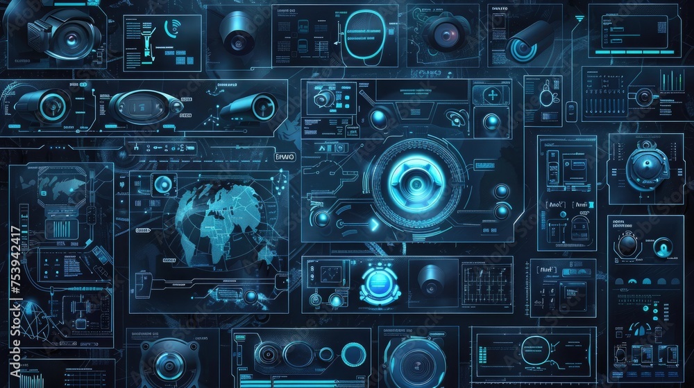 Wide Banner Of Security Cctv Cameras And Guard Monitoring Screen Hud Ui ...