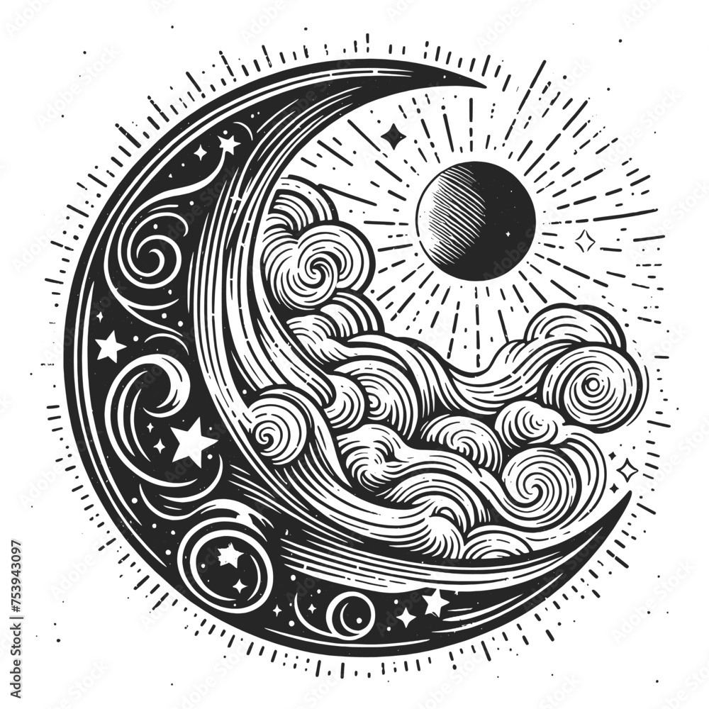 Vecteur Stock Vintage celestial engraving of a crescent moon ...