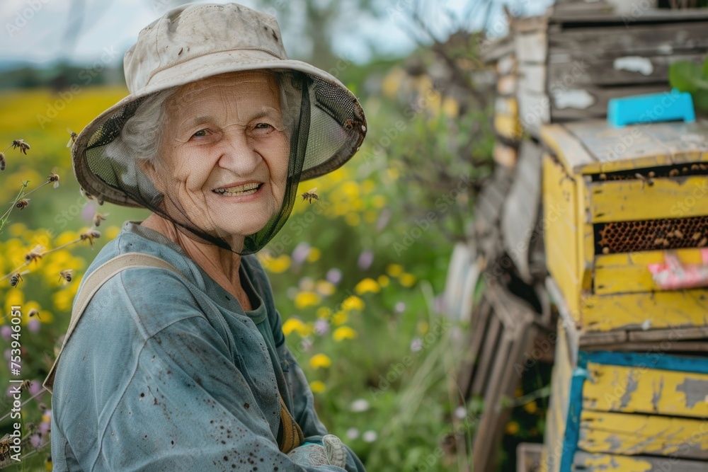 female beekeeper inspecting a honeycomb frame f standing in front of ...
