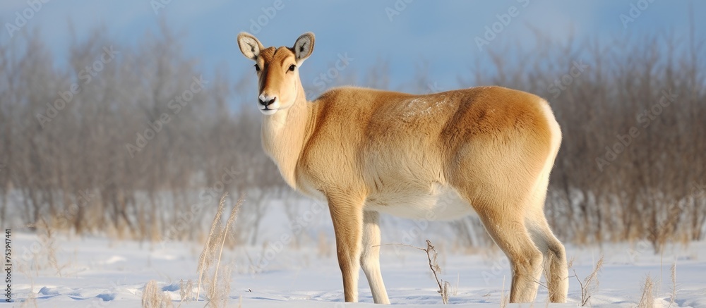 A female Saiga deer stands in a snowy field with trees in the ...