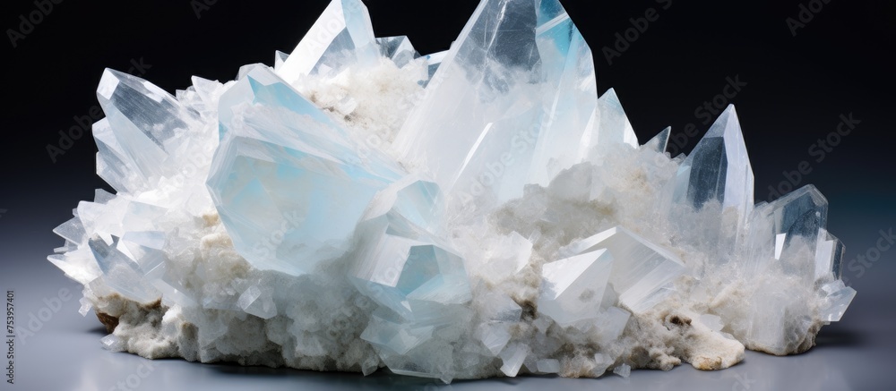 A group of pure quartz crystals is clustered together on top of a table ...