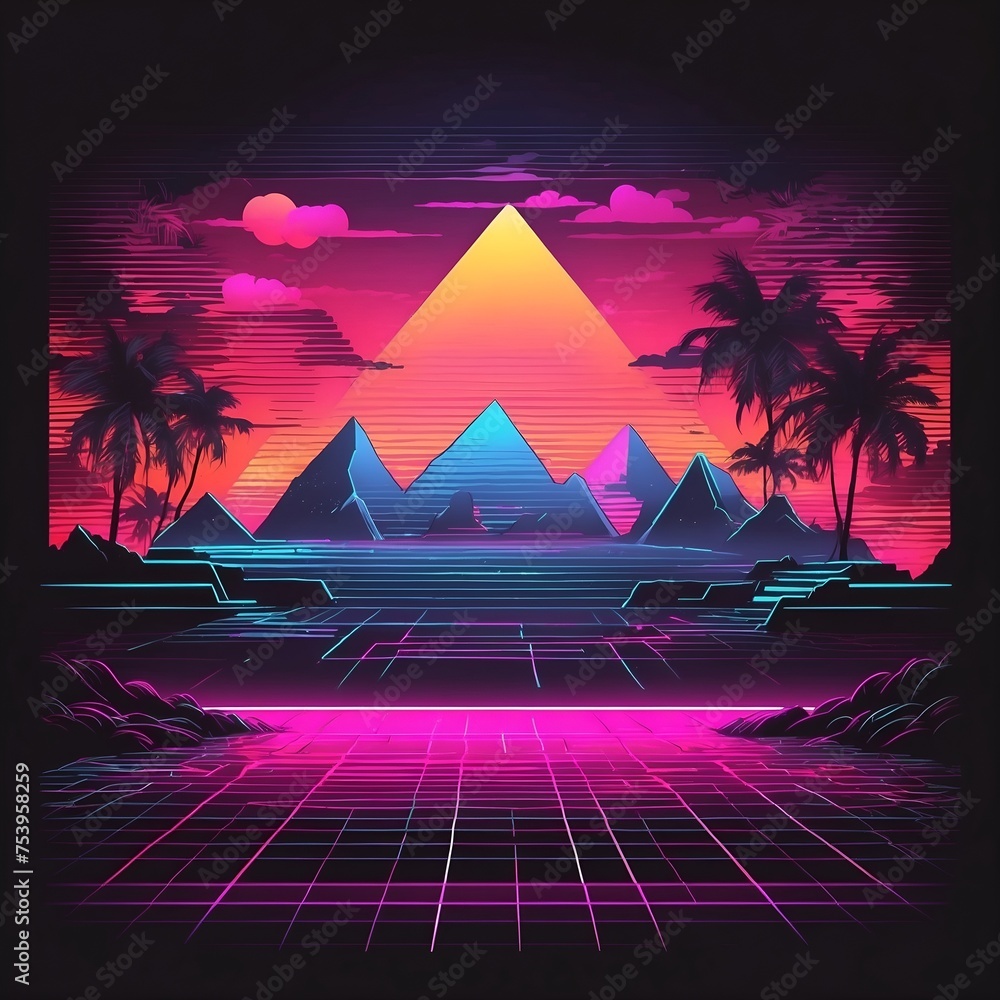 Stereotypical 80s aesthetic. Synthwave scenery Stock Photo | Adobe Stock