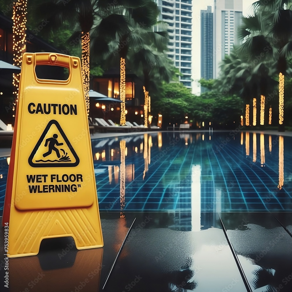 caution wet floor warning sign near swimming pool in hotel created with ...