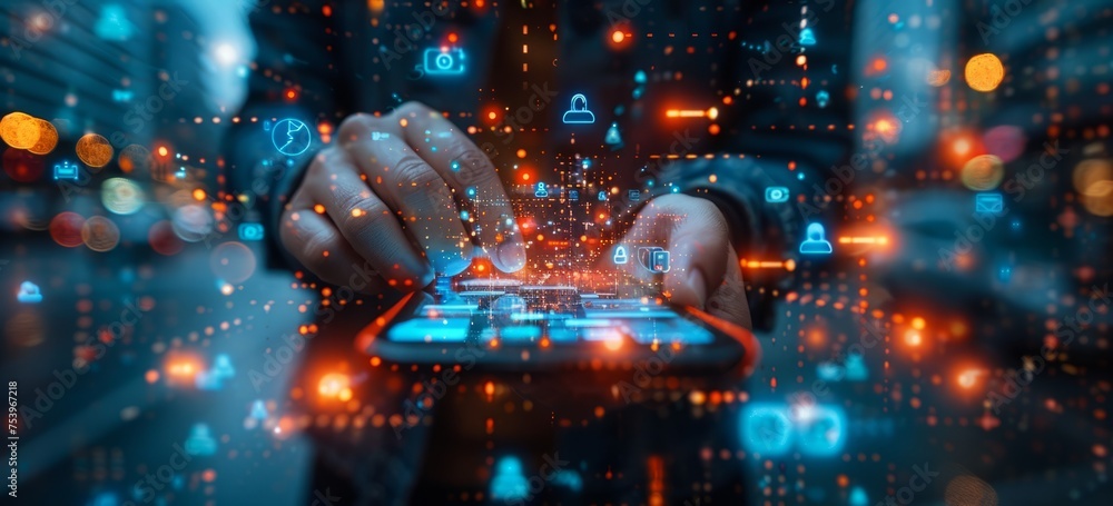 A person holds an iPad with digital safety symbols floating above the ...