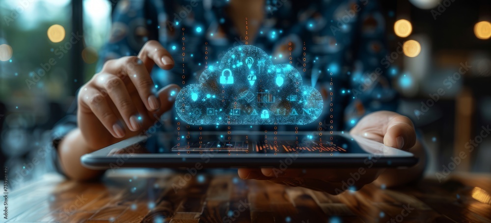 A person holds an iPad with digital safety symbols floating above the ...