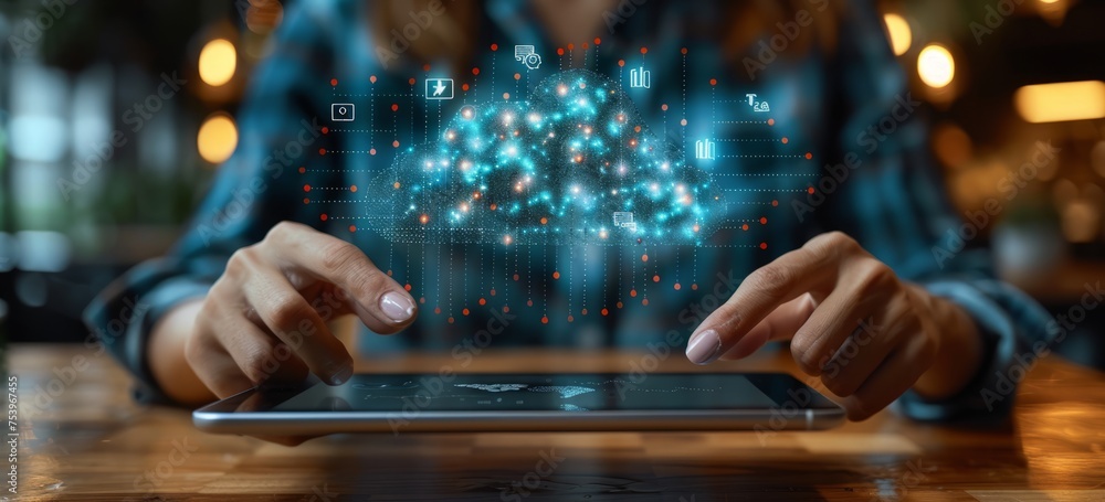 A person holds an iPad with digital safety symbols floating above the ...