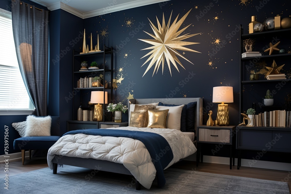 Starry Night: Celestial-Themed Bedroom Decor with Dark Navy Accent Wall ...