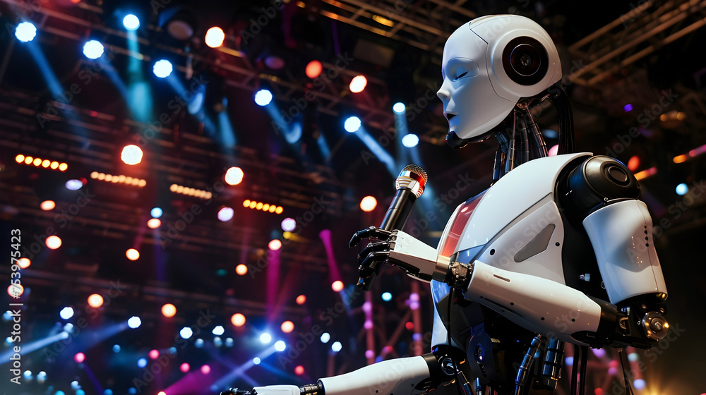 A candid photo of a humanoid robot performing singing on a concert ...