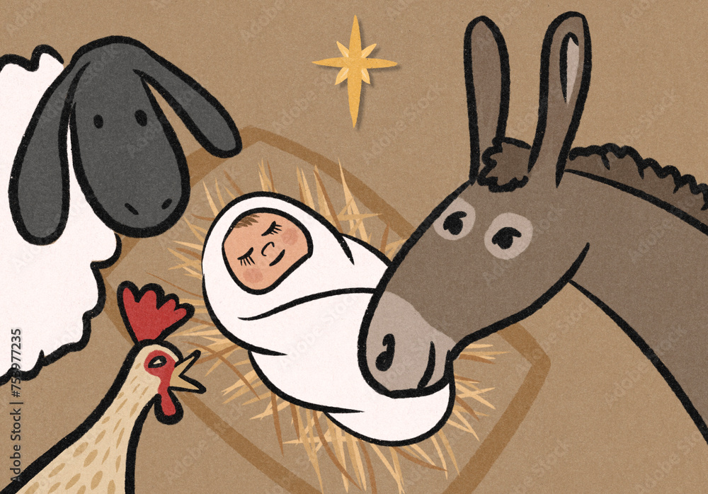 Jesus in a stable with animals Stock Illustration | Adobe Stock
