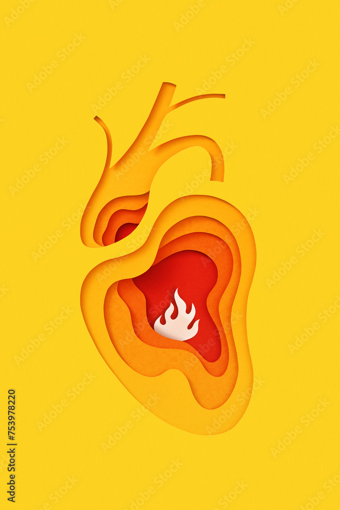 Fire flame inside papercraft anatomical human heart Stock Photo | Adobe ...