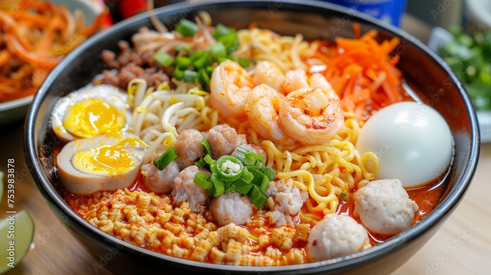Instant Noodles with Tom Yum Soup Creamy Spicy Served Mixed Minced Pork ...