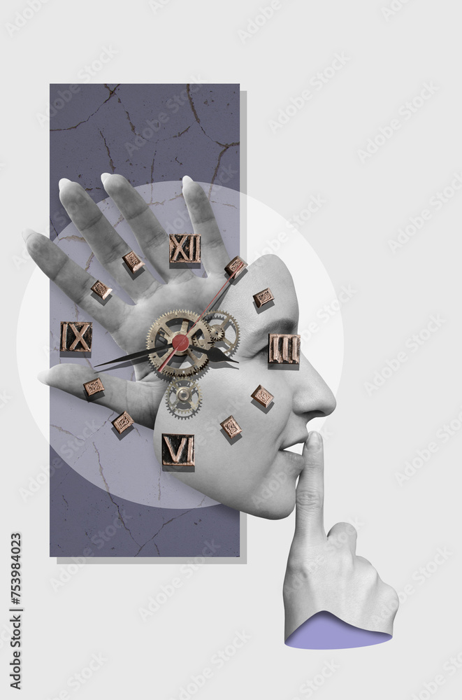 Collage in Dada style with female head, clock and human palm Stock ...
