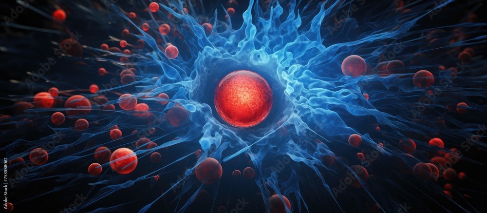 A TEM micrograph displays a red mitotic cell surrounded by blue ...