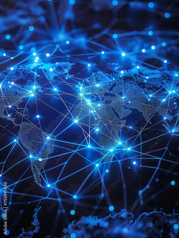 Decentralized lines connect nodes on world map continents in subtle ...
