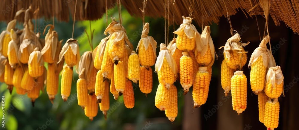 Several pods of corn are seen hanging from poles under a straw roof ...