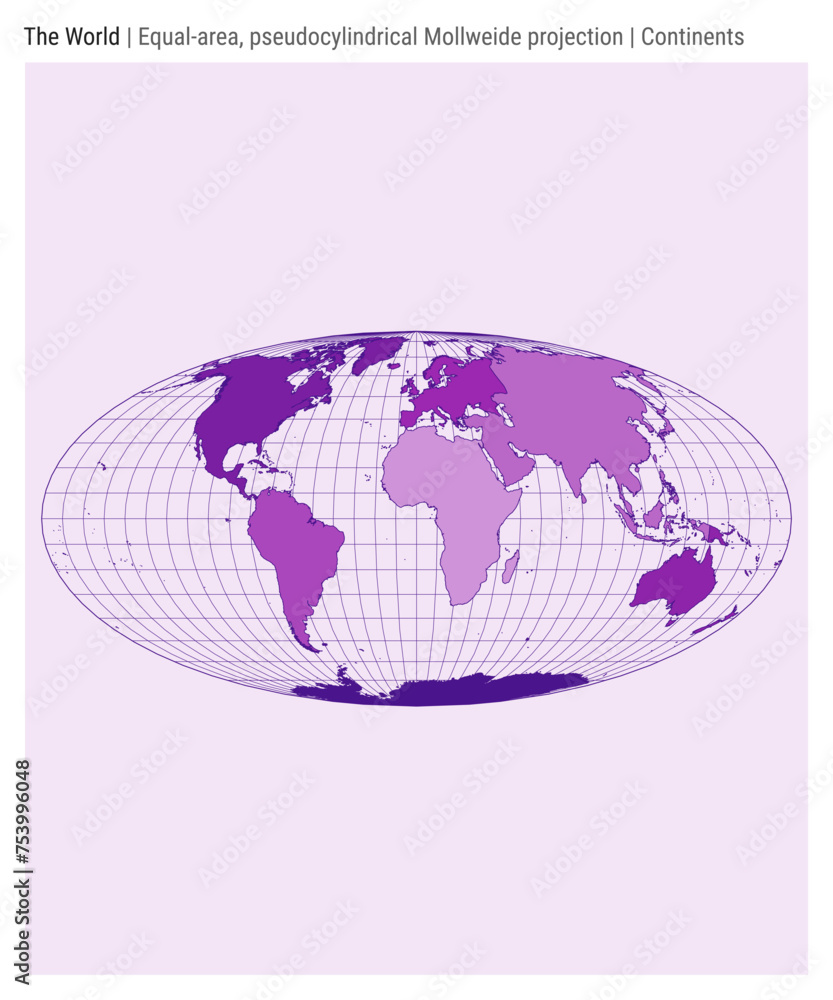 World Map. Equal-area, pseudocylindrical Mollweide projection ...