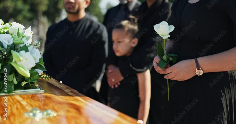 Coffin, family and child at graveyard for funeral, memorial service of ...