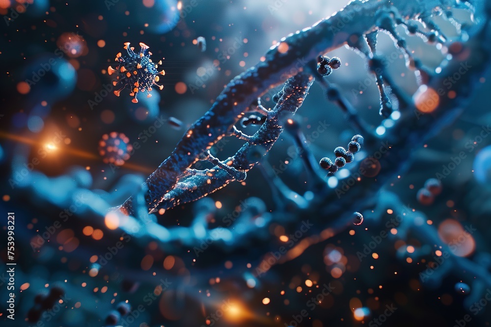 DNA and virus blue background Science theme concept DNA damage ...