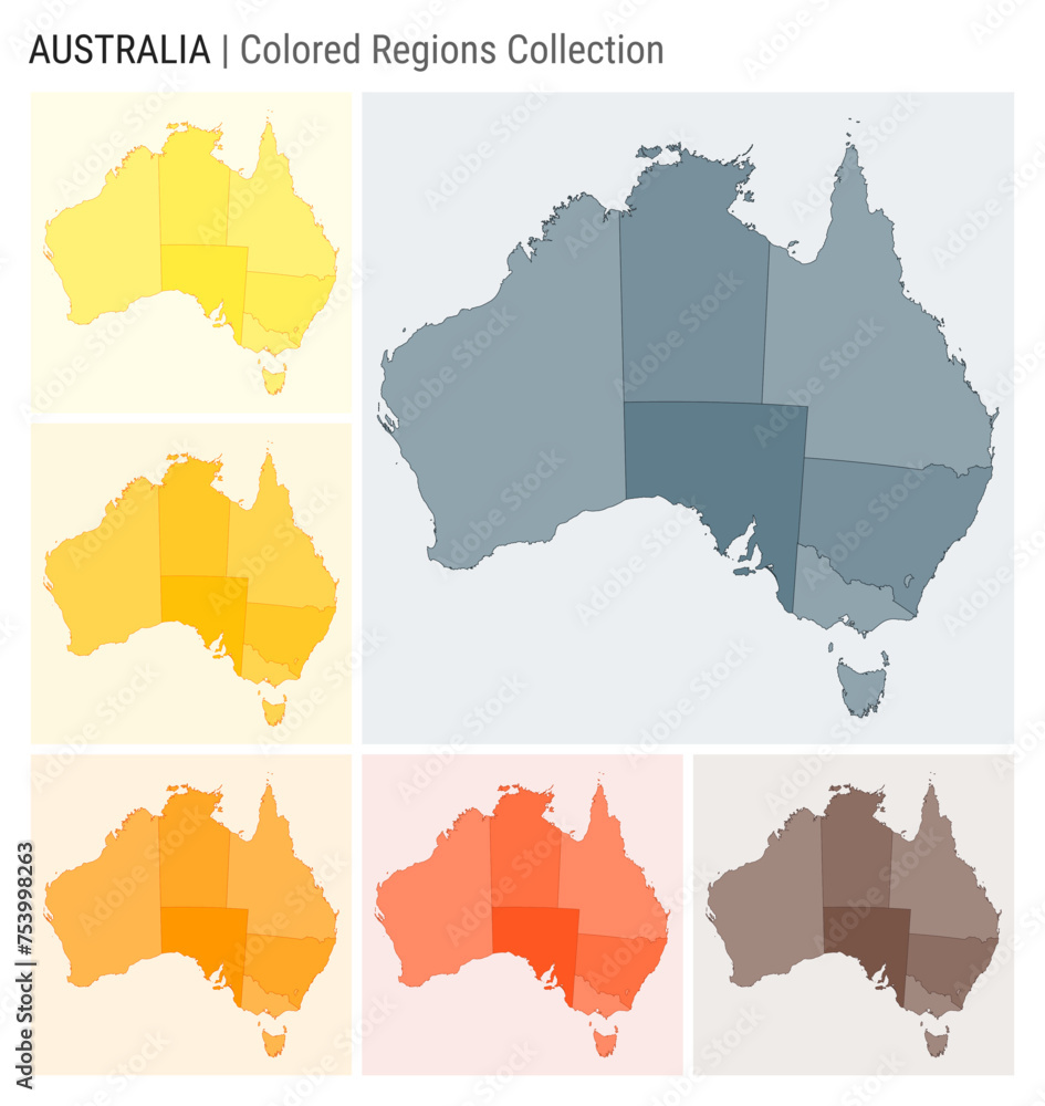 Australia map collection. Country shape with colored regions. Blue Grey ...
