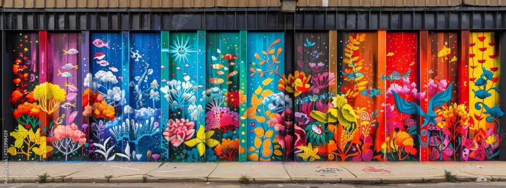 Colorful urban wall mural depicting a vibrant spectrum of flora and ...