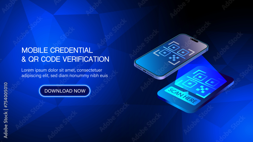 Qr code verification and Mobile Credential. A mobile phone with a scanner reads the qr code. QR ...