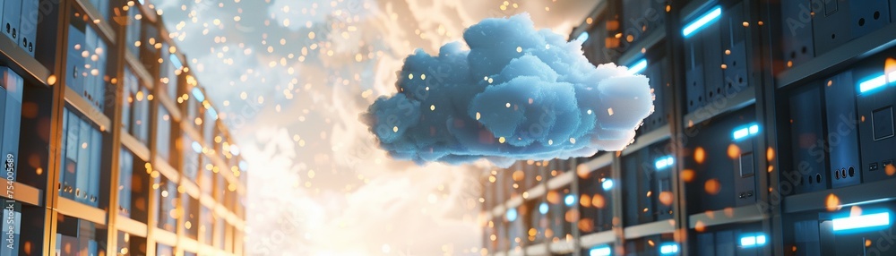 Cloud technology platform hovering over a landscape filled with ...