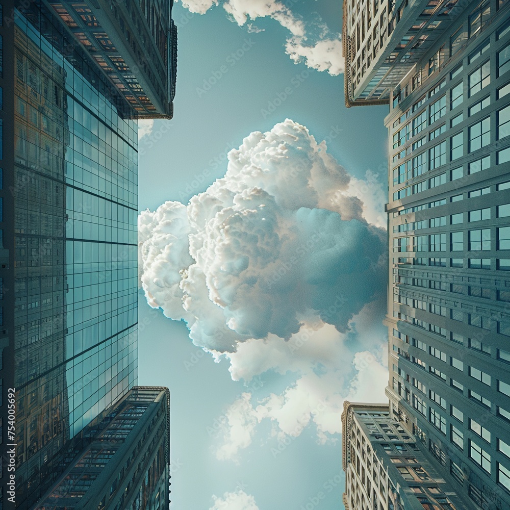 Cloud banking platforms soaring above brick-and-mortar bank buildings ...