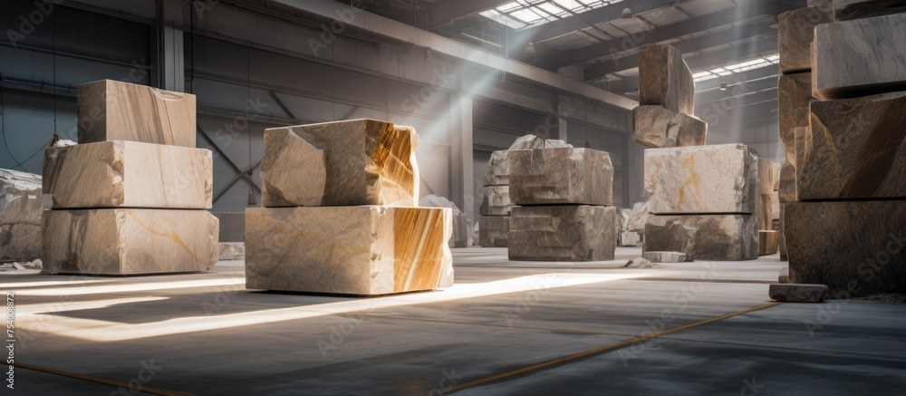 A collection of raw stone blocks made of natural marble and granite are ...
