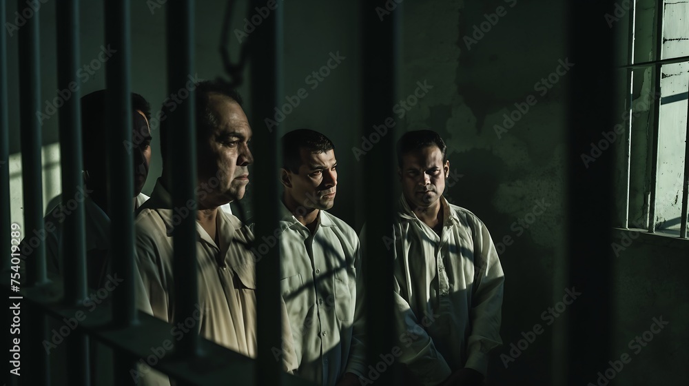Four prisoners stand behind iron bars with sad and contemplative ...