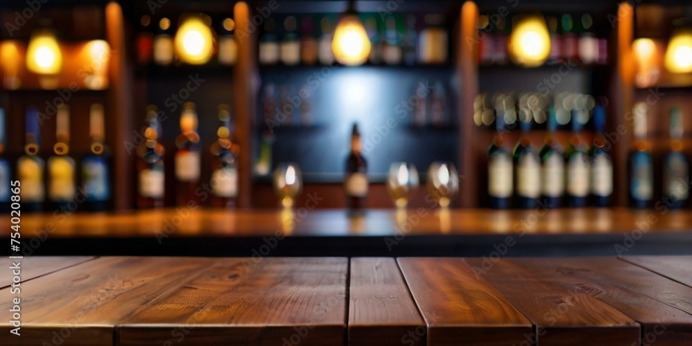 Rustic empty wooden table top of bar counter liquor store with copy ...