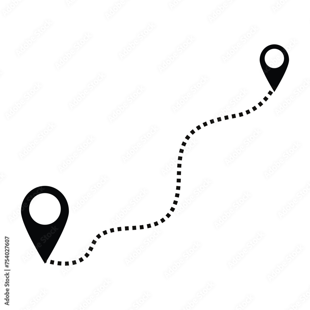 Route location icon, three map pin sign and road or path, start and end ...